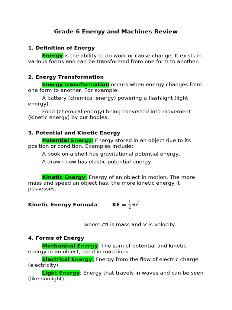 Grade 6 Energy and Machines Review | PDF | Machines | Kinetic Energy