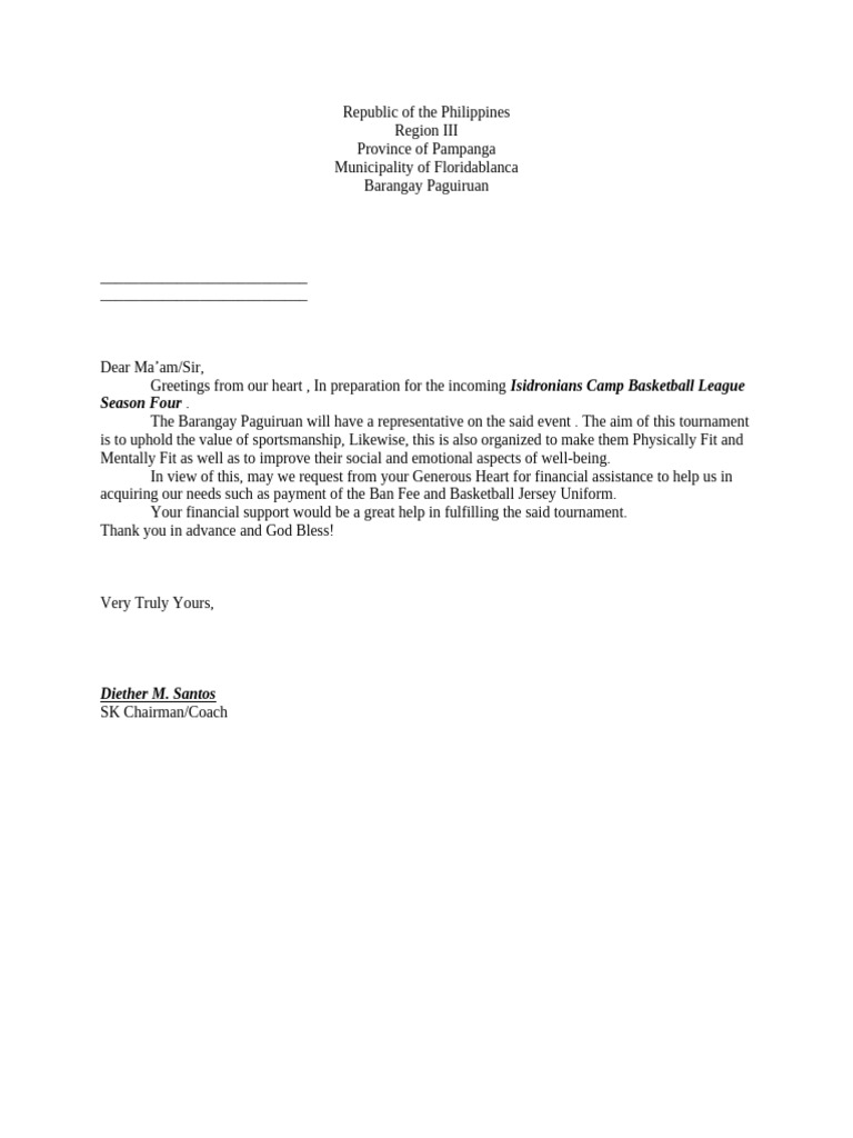 Request Letter and Solicitation For Basketball League | PDF