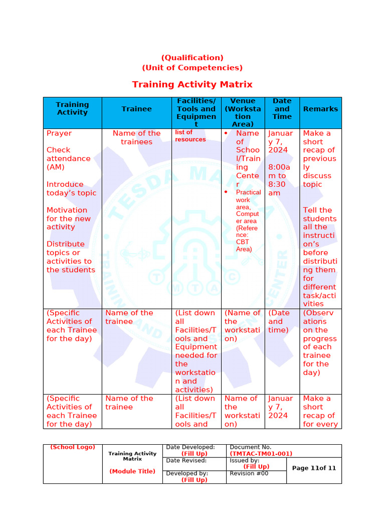1.5.2024 Training Activity Matrix | PDF | Behavior Modification | Education Theory