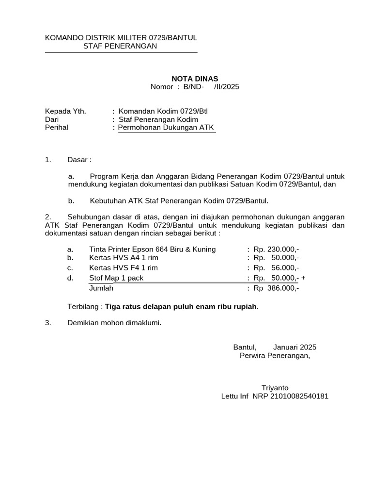 Nota Dinas - Pengajuan ATK Feb 2025 | PDF