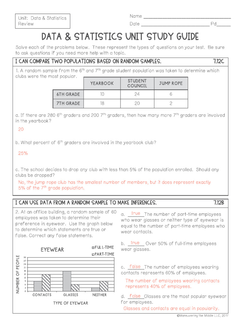 KEY - Data & Statistics Unit Study Guide | PDF