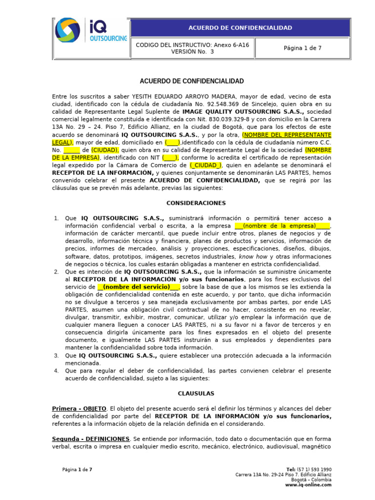 Acuerdo de Confidencialidad IQ Outsourcing | PDF | Secreto comercial ...
