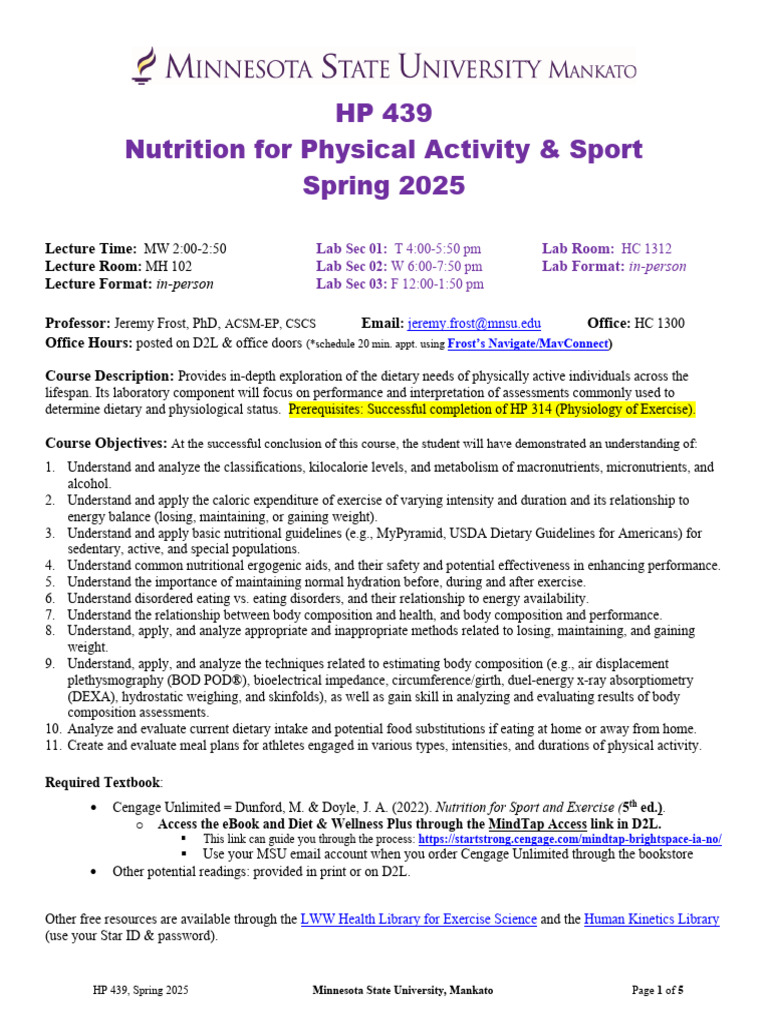 HP 439 Frost Syllabus Spring 25 | PDF | Nutrition | Diet & Nutrition