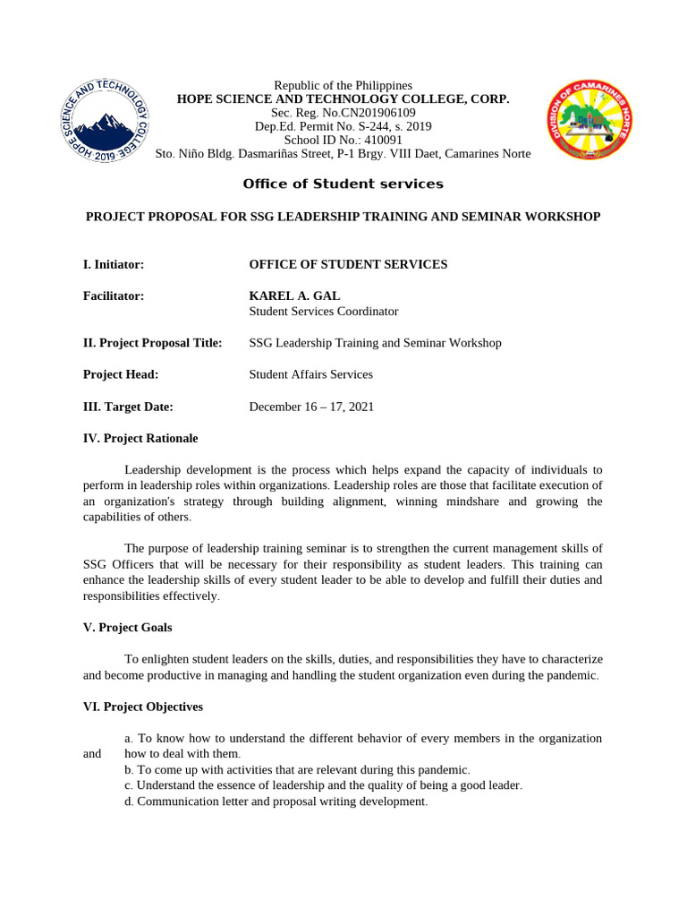 Proposal For SSG Leadership Training | PDF | Leadership