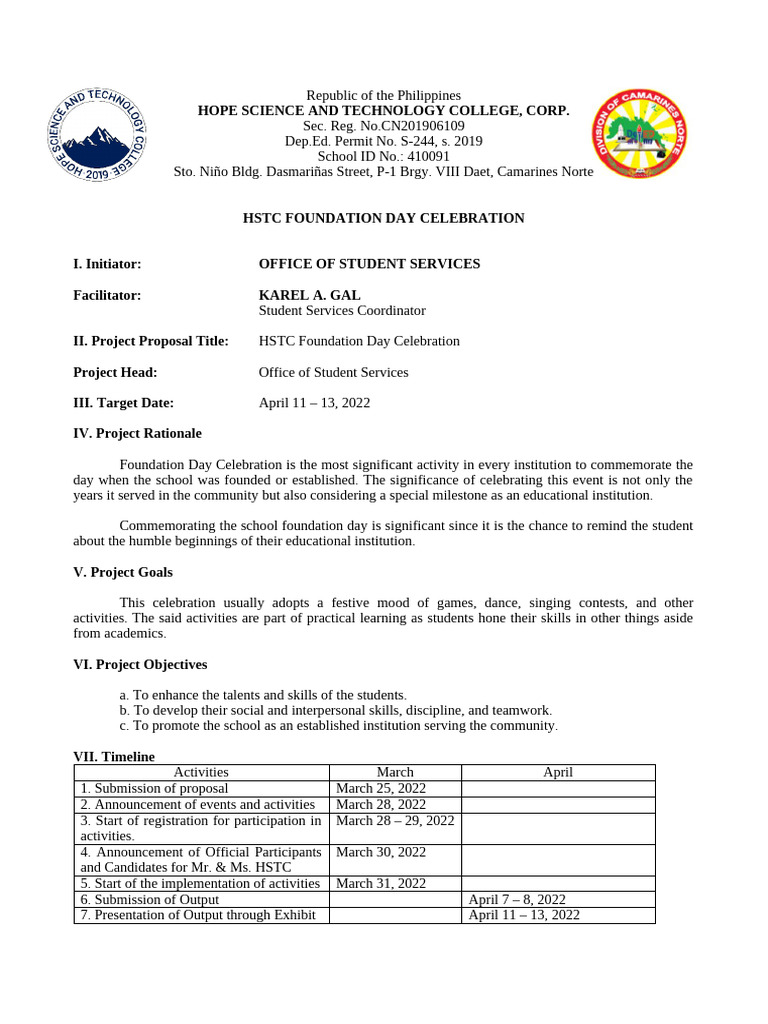 HSTC Foundation Day Celebration Plan | PDF