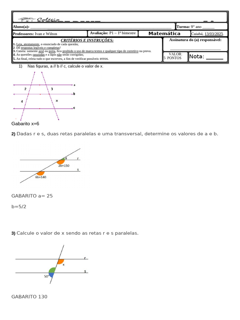 Prova - Adaptada - AV1 - 2025 - P1 Mat - 9 Ano - 1º BIM | PDF