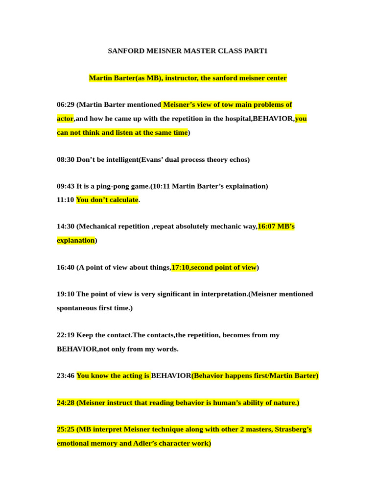 Meisner Msater Class Notes | PDF