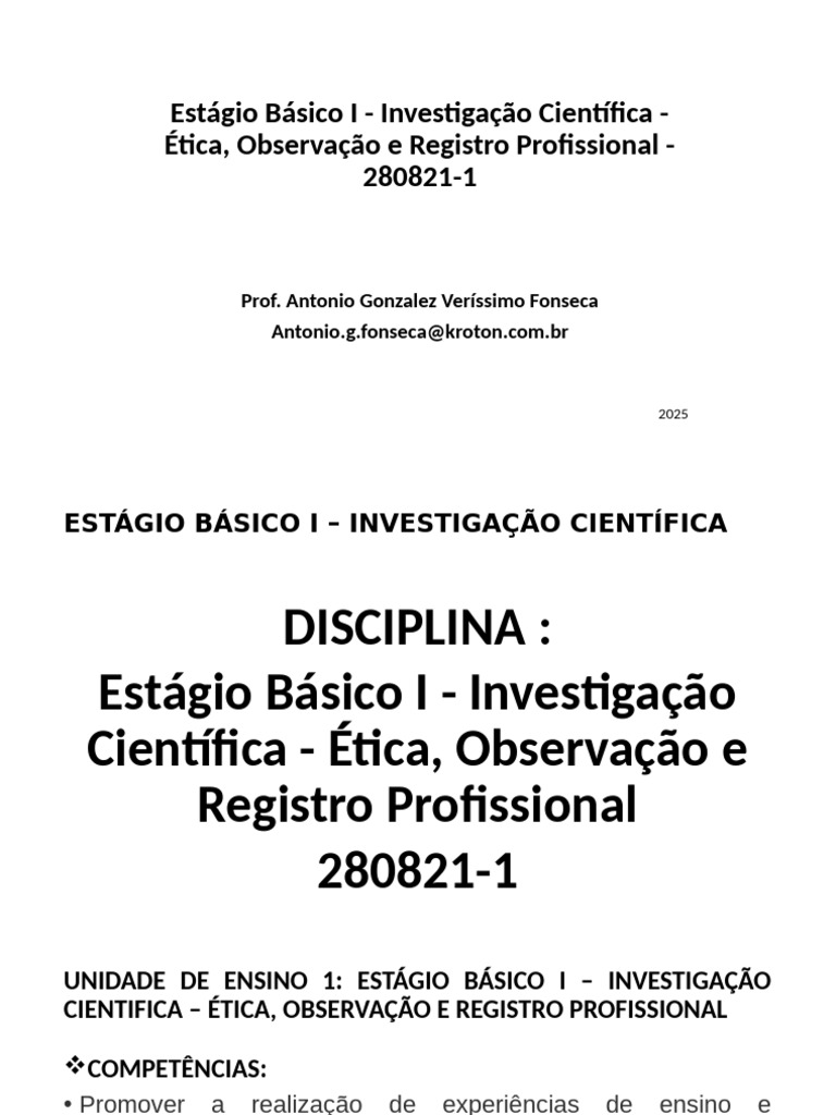 Aula 05 - Final Eb 2025 Estágio Básico I | PDF | Psicologia | Science