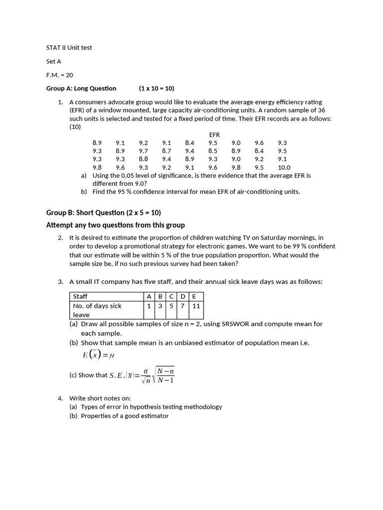 STAT II Unit Test Set 1 | PDF
