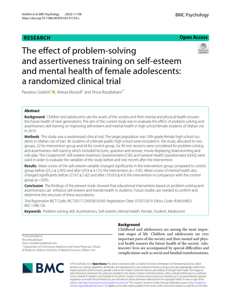 7 The effect of problem-solving and assertiveness training on self-esteem and mental health of ...