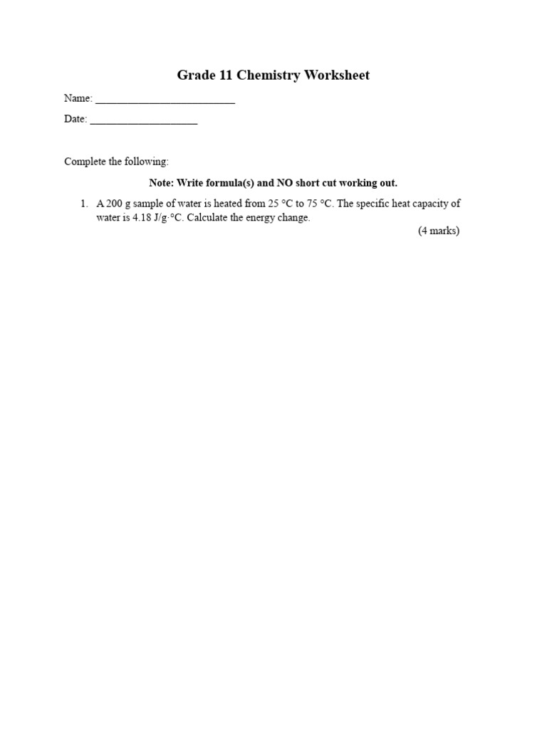 Grade 11 Chemistry Worksheet - Jan 21, 2025 | PDF