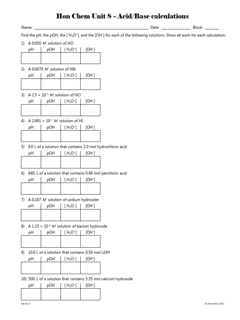 Unit 8 - Doc 5 - Acid-Base Calculations | PDF