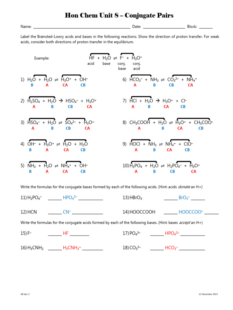 Conjugate Acid-Base Pairs Worksheet | PDF