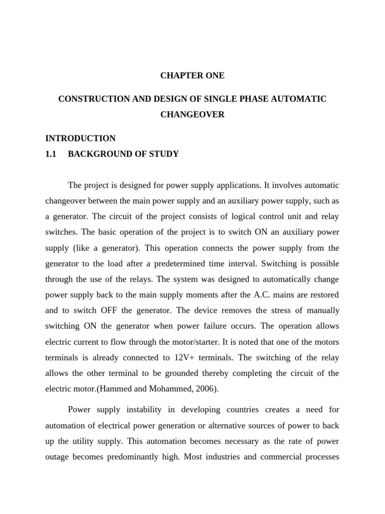Construction and Design of Single Phase Automatic Changeover | PDF ...
