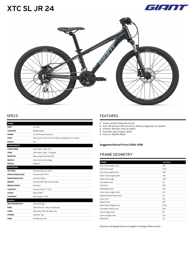 Giant XTC SL JR 24 Specs Overview | PDF | Private Transport | Human ...