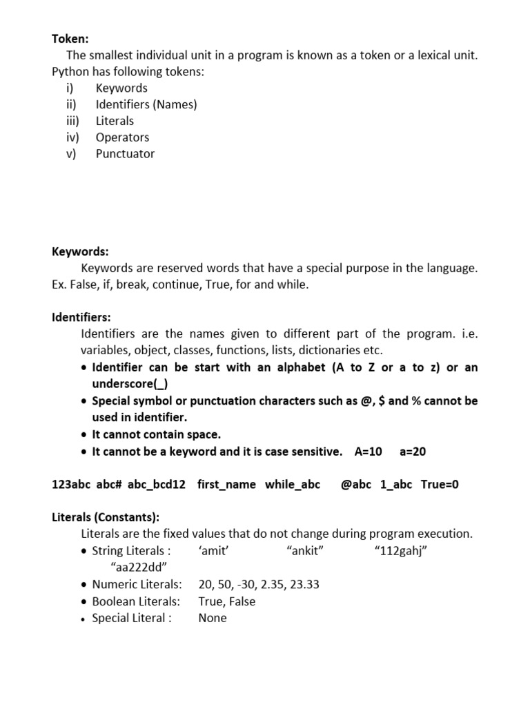 Tokens Part 1 Keywords Identifiers and Literals | PDF