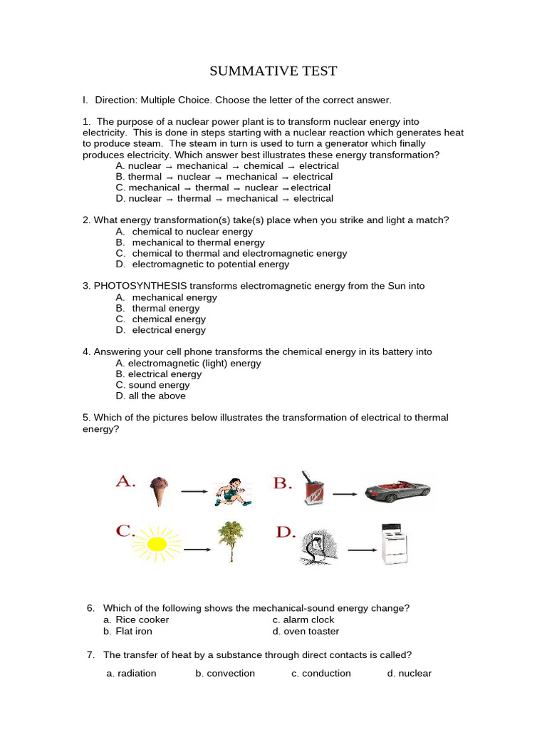 20 Summative Test-Transformation of Energy | PDF | Electricity | Heat