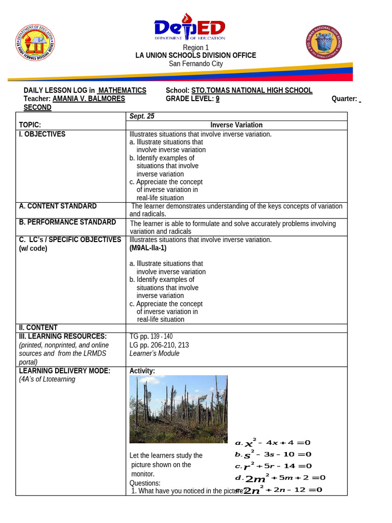 DLL - Math 9 Quarter 2 - 2 | PDF | Gases | Learning