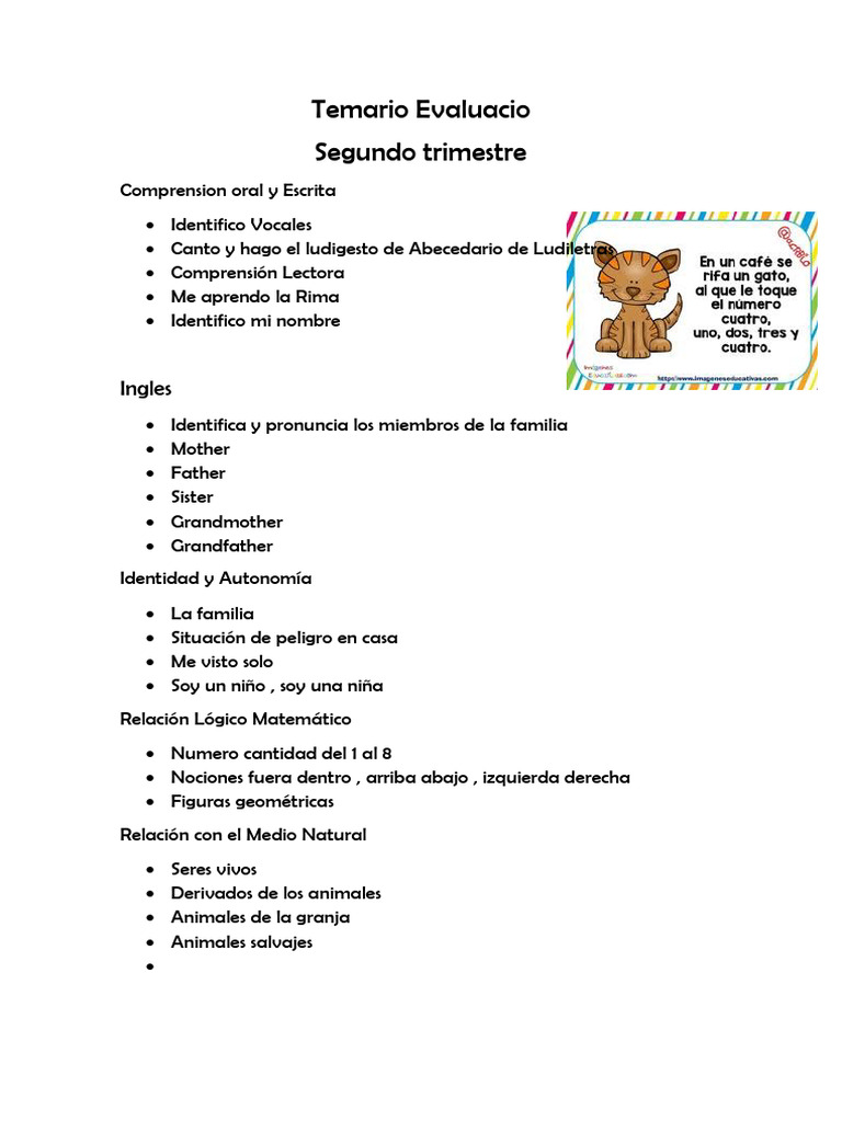 Temario Evaluación Segundo Trimestre | PDF