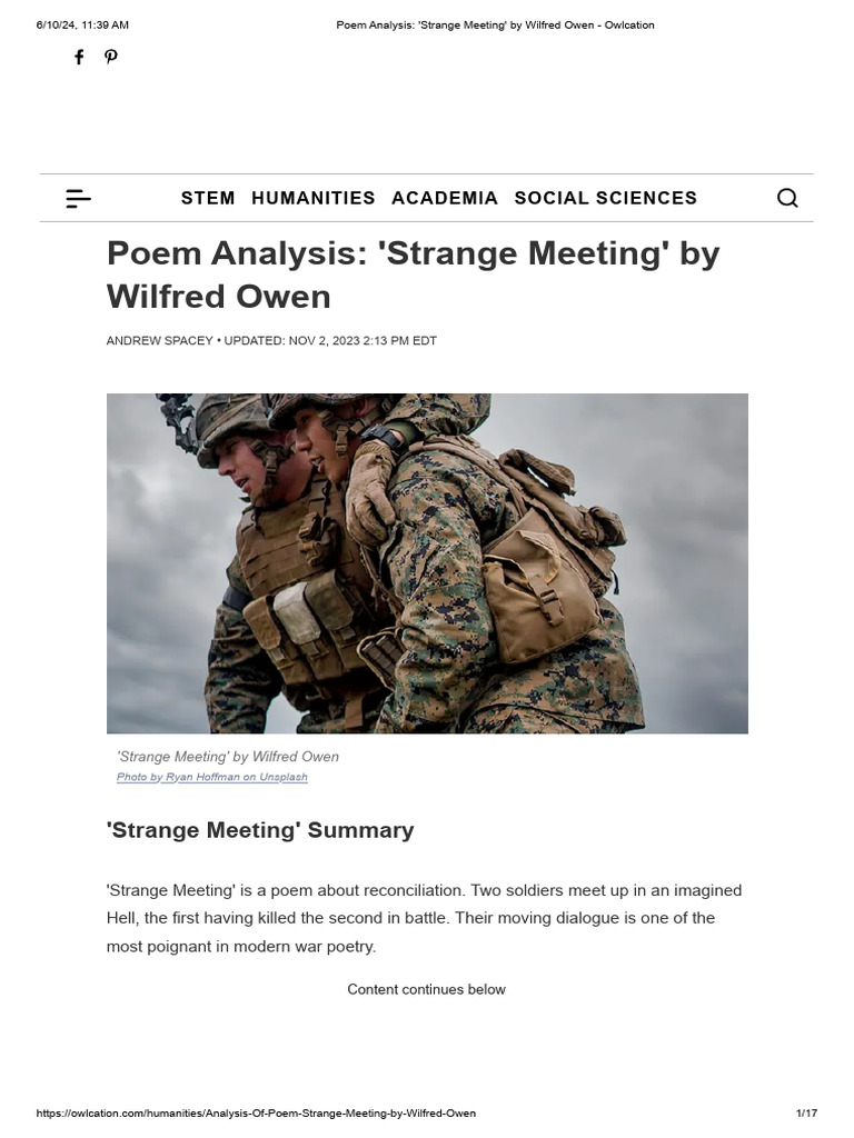 Poem Analysis - 'Strange Meeting' by Wilfred Owen - Owlcation | PDF | Metre (Poetry) | Poetry