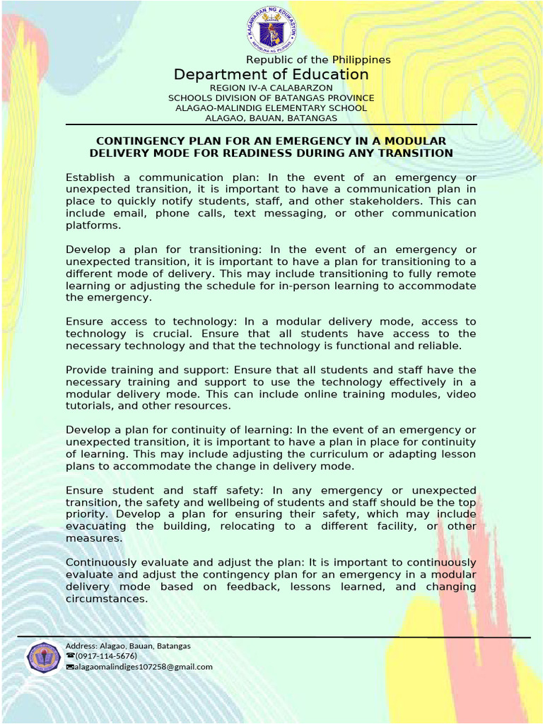 Emergency Contingency Plan for Modular Learning | PDF | Emergency