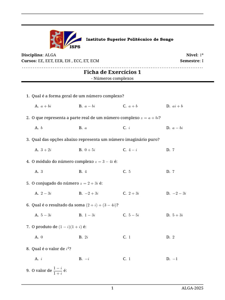 ALGA - Ficha de Exercicios 1-Numeros Complexos | PDF | Número complexo | Objetos matemáticos