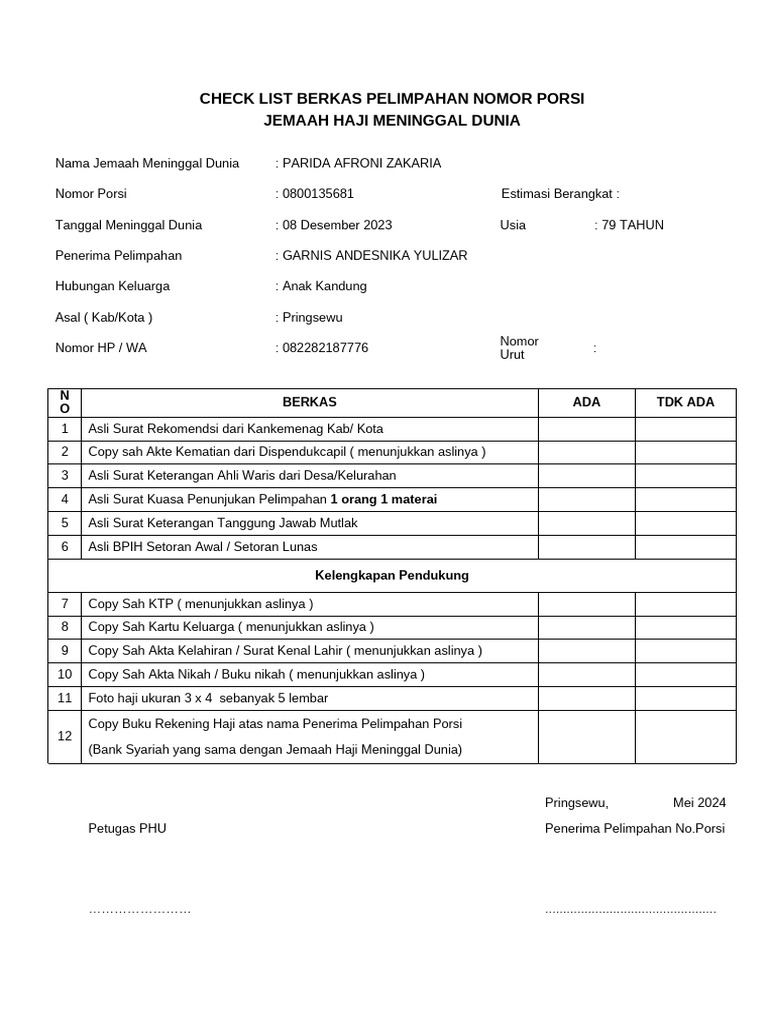 Checklist Berkas Pelimpahan Porsi Haji | PDF