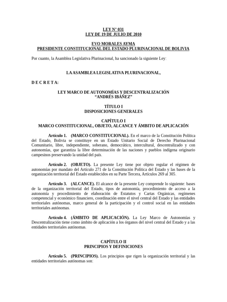 LEY N031 LEY MARCO DE AUTONOMÍAS Y DESCENTRALIZACIÓN | PDF | Alcalde ...