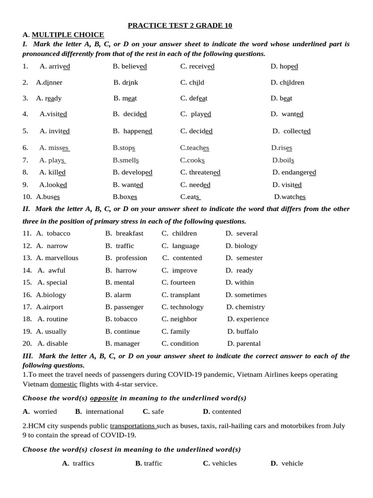 Grade 10 Practice Test: English Skills | PDF