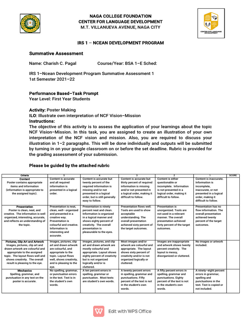 Vision-Mission Summative Assessment | PDF | Cognitive Science | Cognition