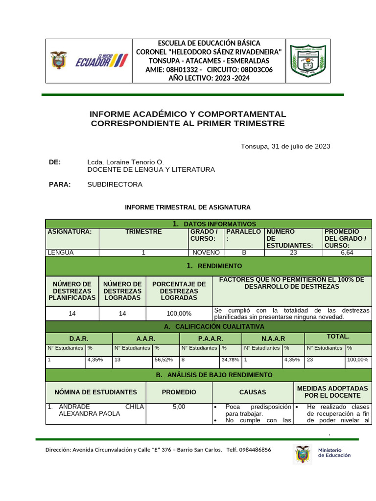 Informe Lengua y Literatura 9no B Primer Trimestre | PDF | Aprendizaje ...