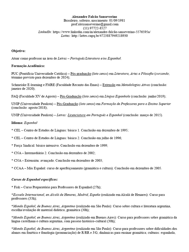 CV Alexandre Sanseverino LETRAS | PDF | Pós-graduação | Espanha