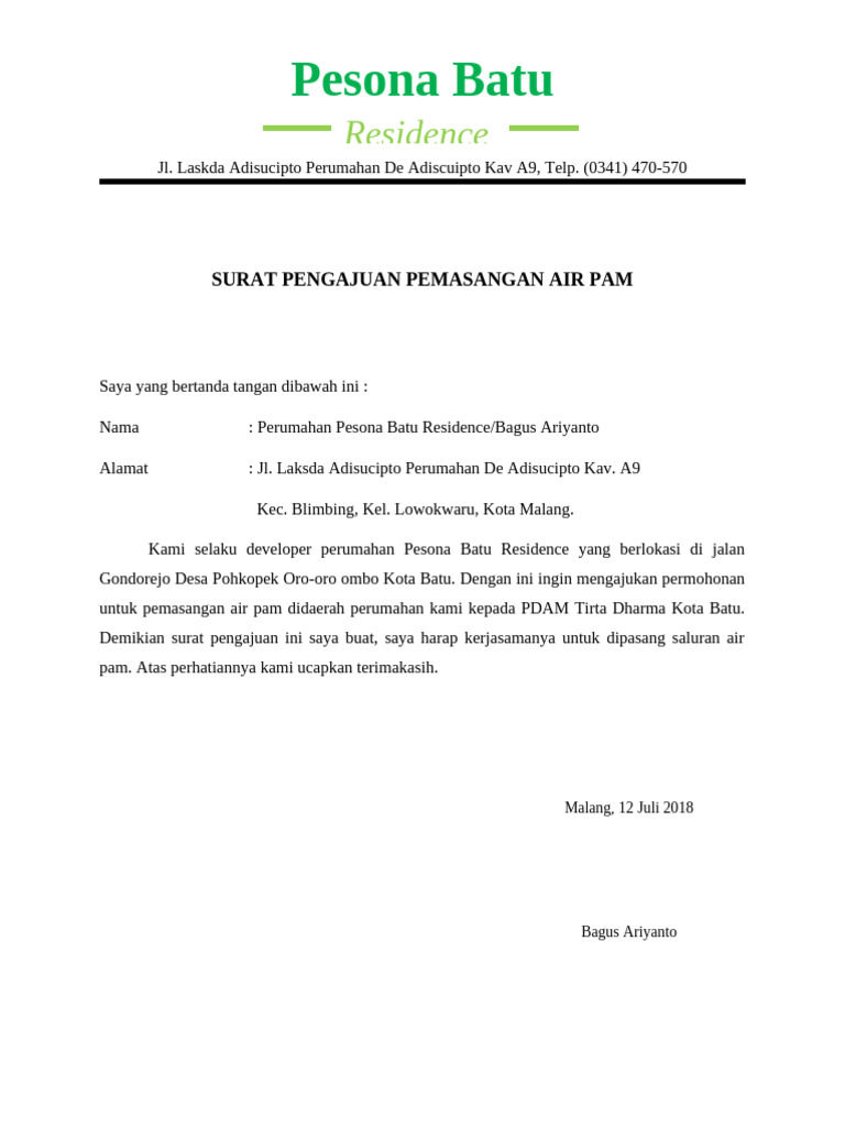 Surat Pengajuan Pemasangan Air Pam | PDF