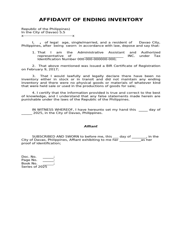 AFFIDAVIT No Ending Inventory Blank | PDF