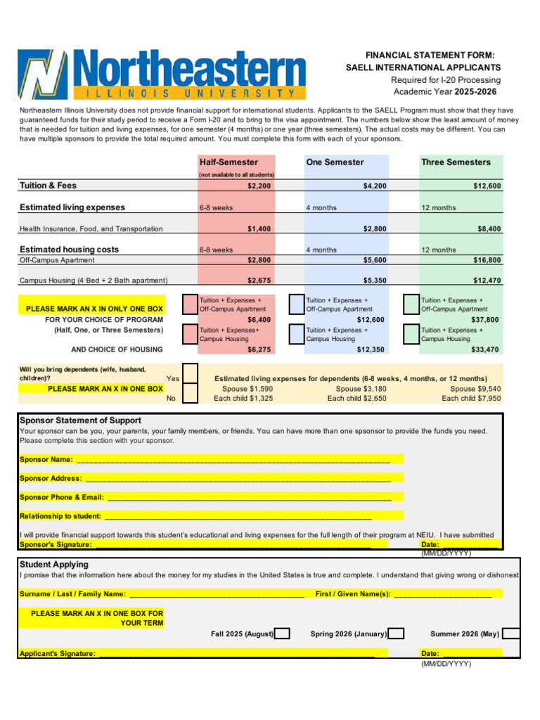 Financial Statement Form - SAELL25-26 | PDF | Tuition Payments | Expense