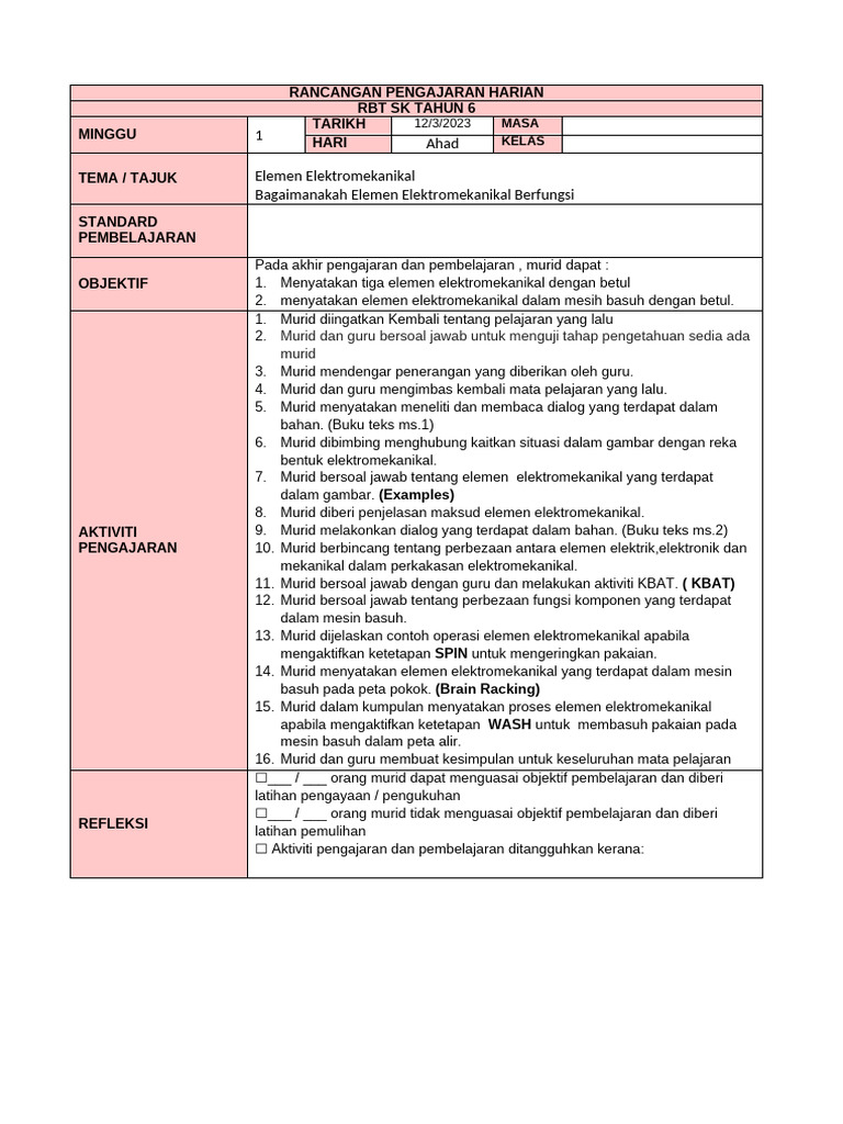 RPH Ringkas Minggu 1 RBT THN 6 2023 | PDF