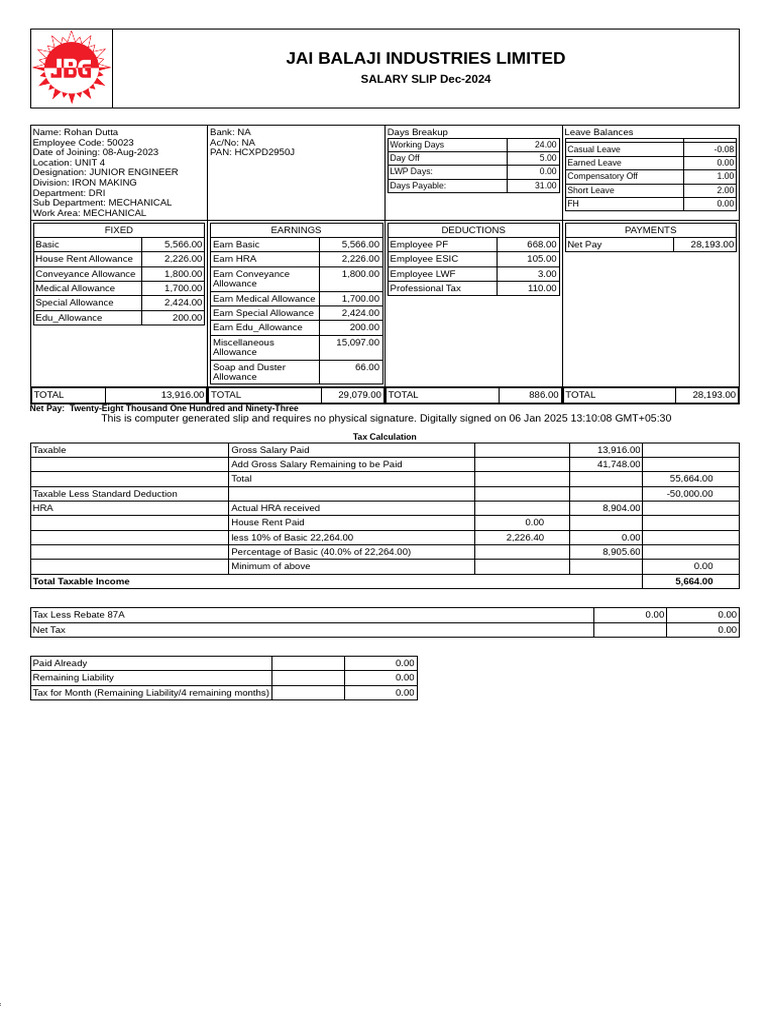 Salary Slip for Rohan Dutta - Dec 2024 | PDF | Taxes | Salary