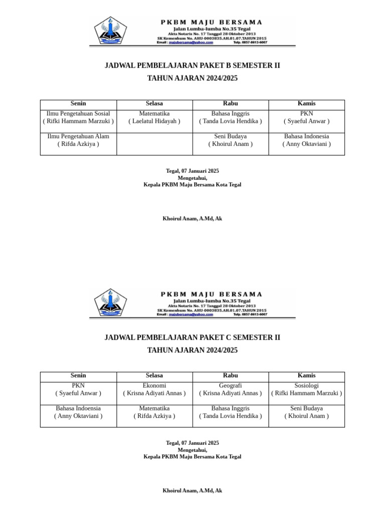 Jadwal Pembelajaran Semester 2 | PDF