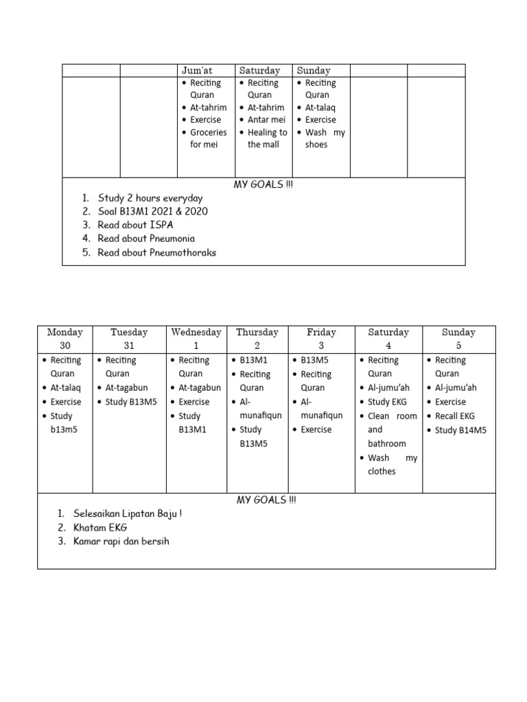 Weekly Goals and Quran Recitation Plan | PDF