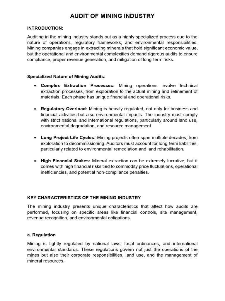 Mining Industry - Report Outline | PDF | Audit | Royalty Payment