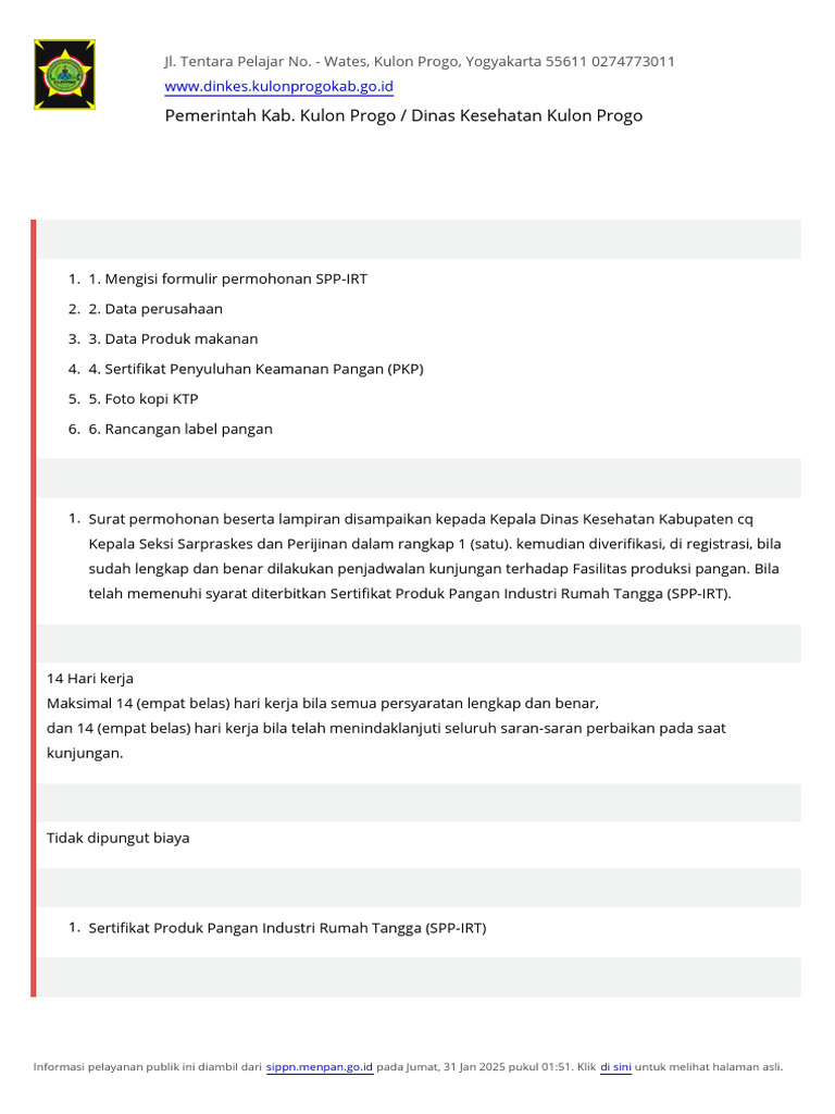 Standar Pelayanan - Sertifikat Produk Pangan Industri Rumah Tangga (SPP-IRT) | PDF