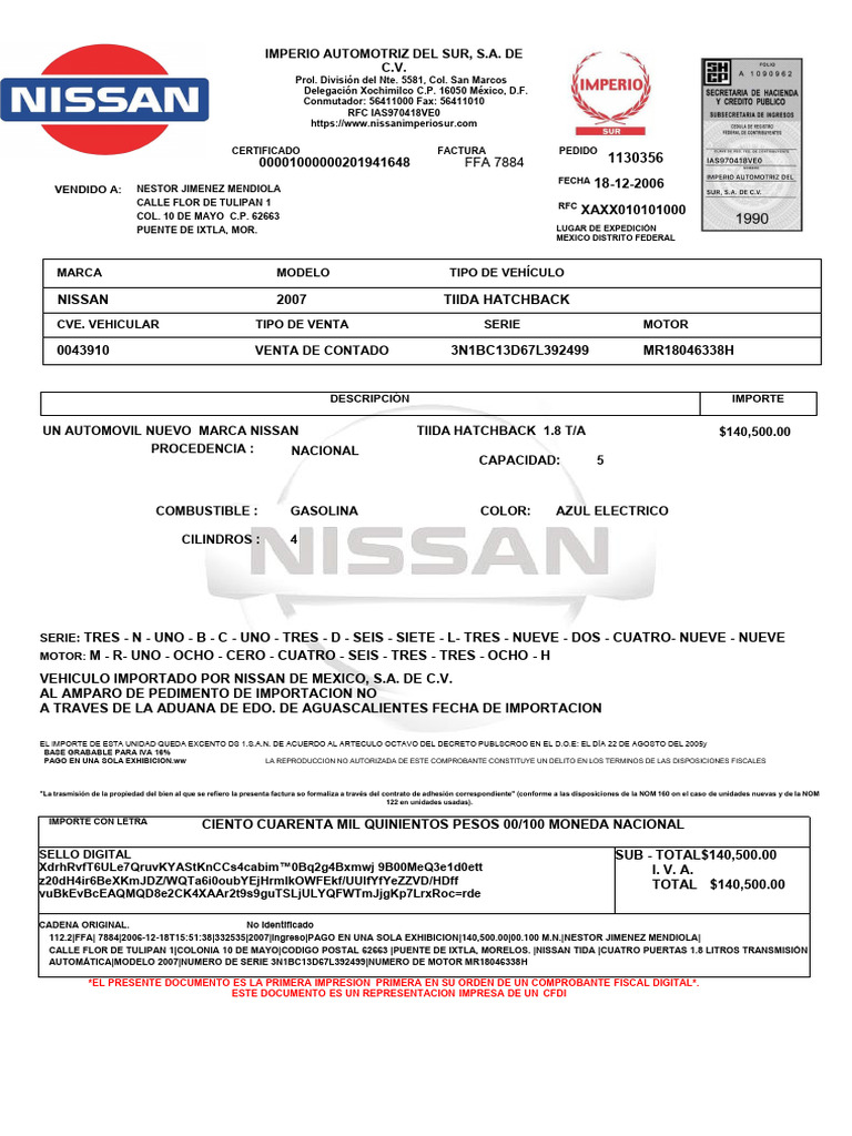 Factura Nissan Tida 3 | PDF | Tecnologías automotrices | Sedanes