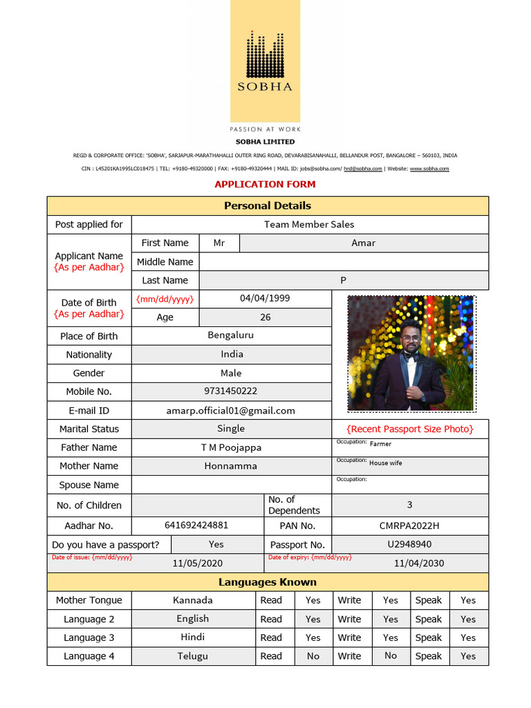 SOBHA Application Form. - Signed | PDF | Employment