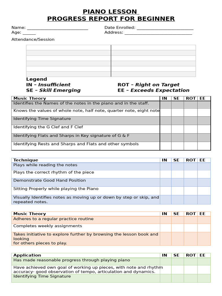 Piano Lesson Progeress Report - Beginner | PDF | Music Theory | Musicology