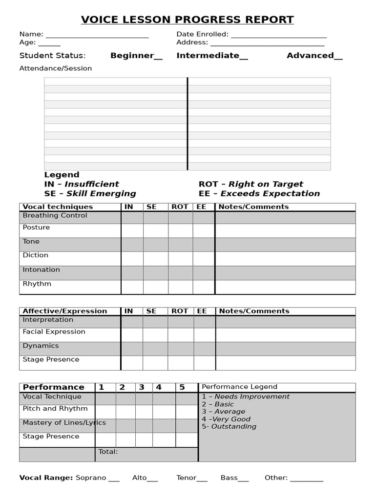 Voice Lesson Progress Report Template | PDF