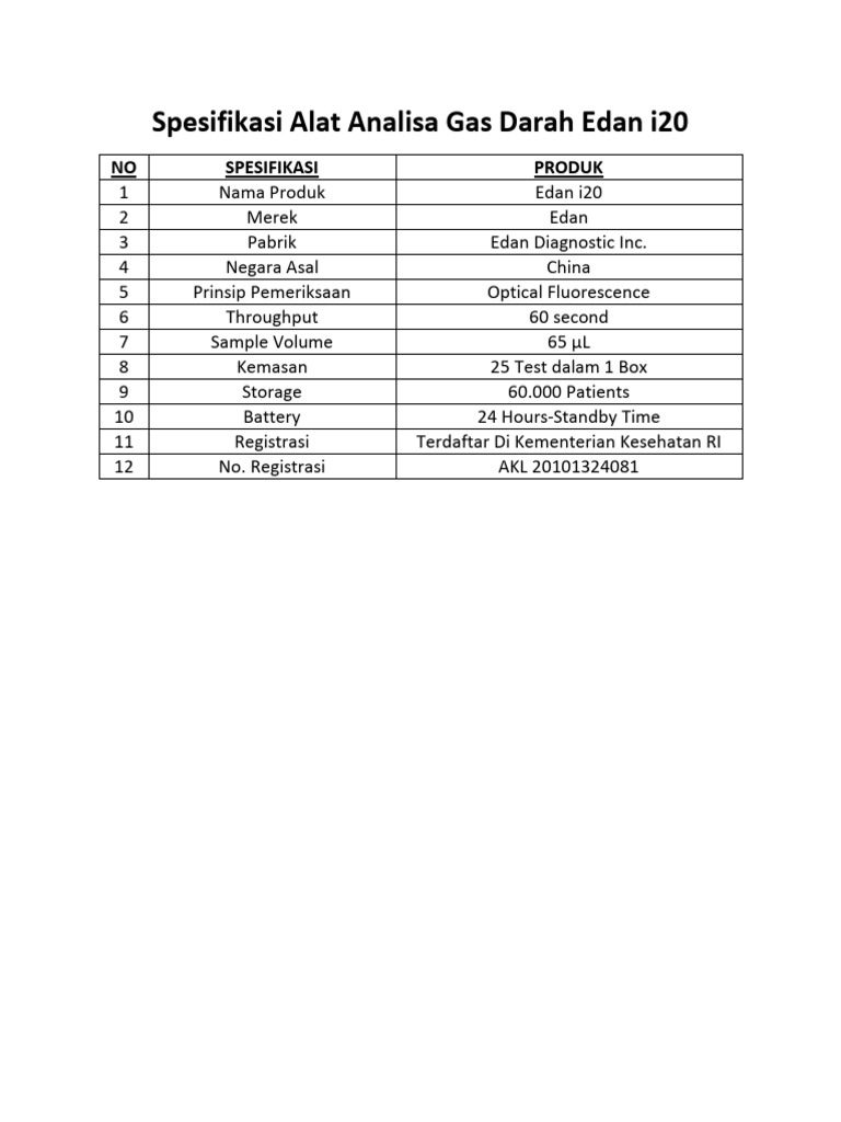 Spesifikasi Alat Analisa Gas Darah Edan I20 | PDF
