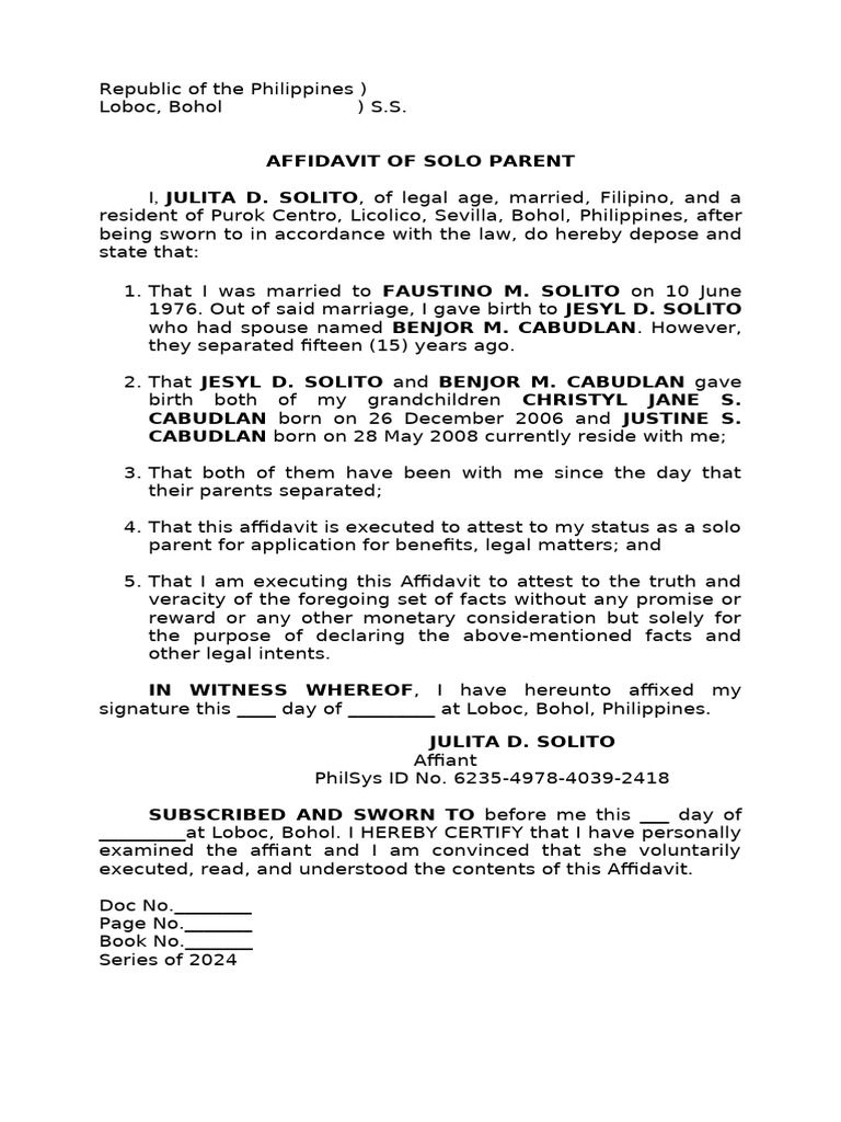 Solo Parent Affidavit - Julita D. Solito | PDF