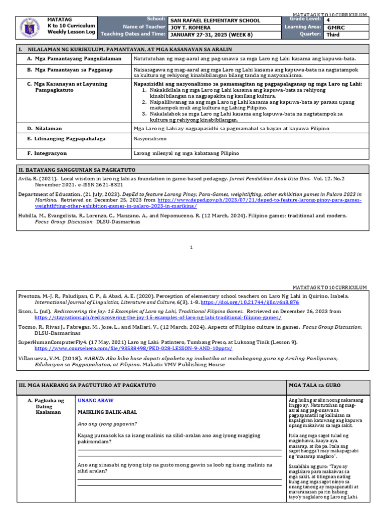 DLL Matatag - GMRC 4 q3 w8 | PDF