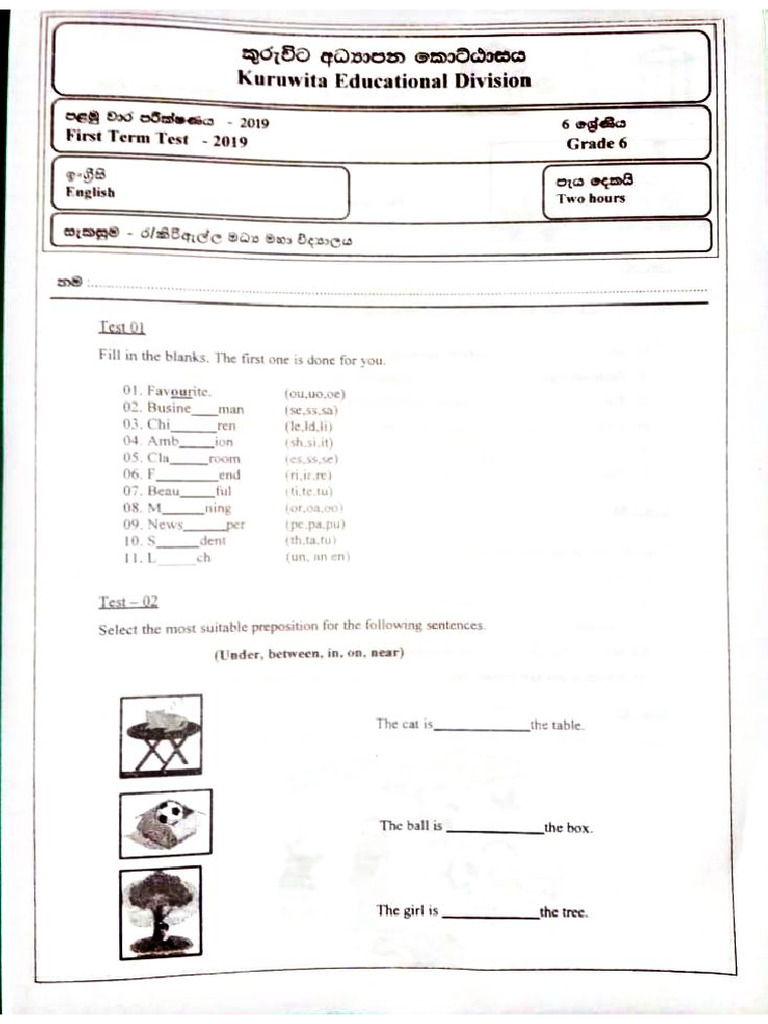 English Grade 6 - First Term Test 2019 - Kuruvita Division | PDF