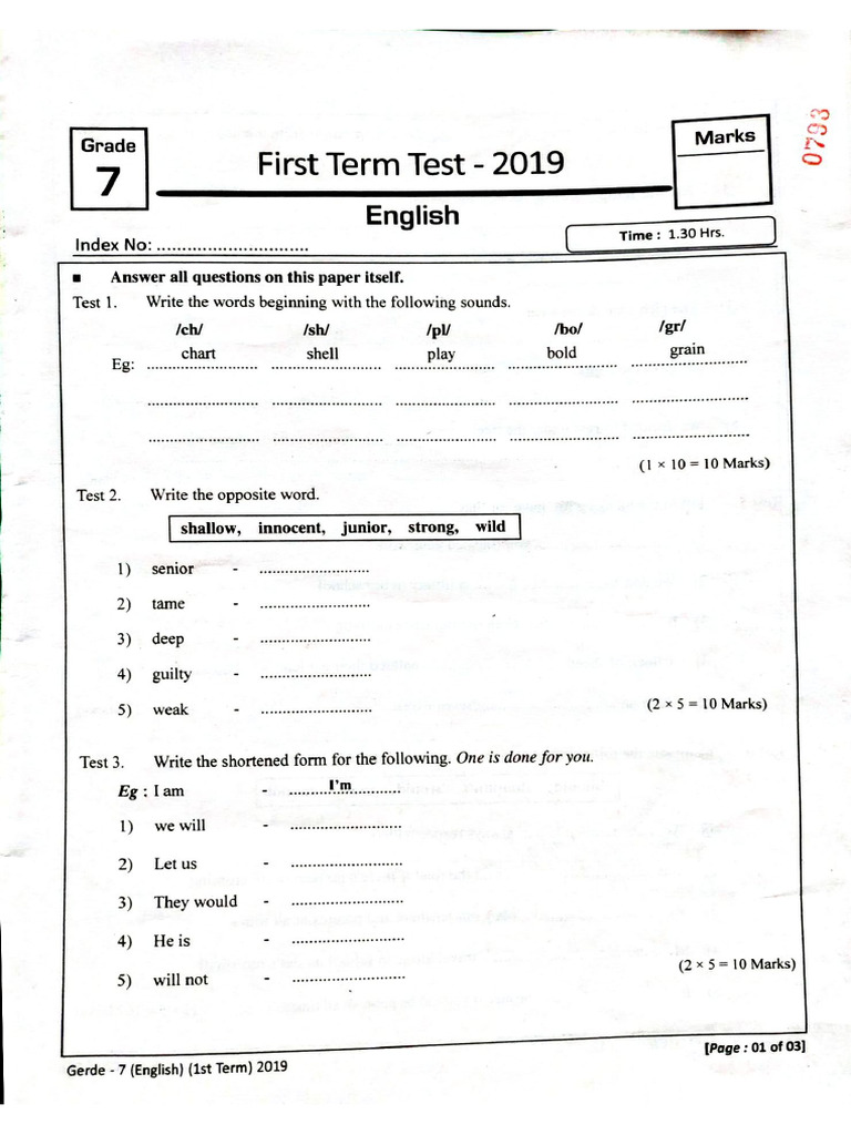 English Grade 7 - First Term Test Paper - Mannar Zone | PDF